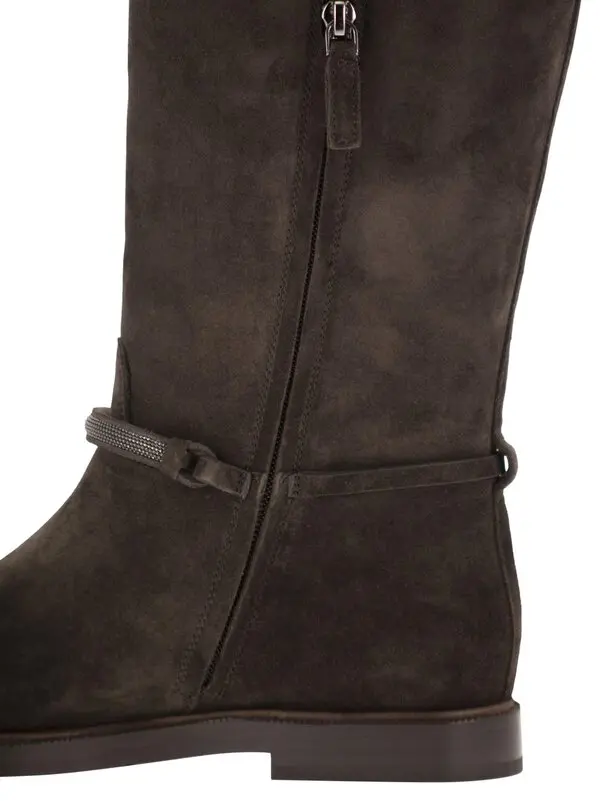 Brunello Cucinelli Suede Leather Knee-high Boots With Monili Detail - Brown