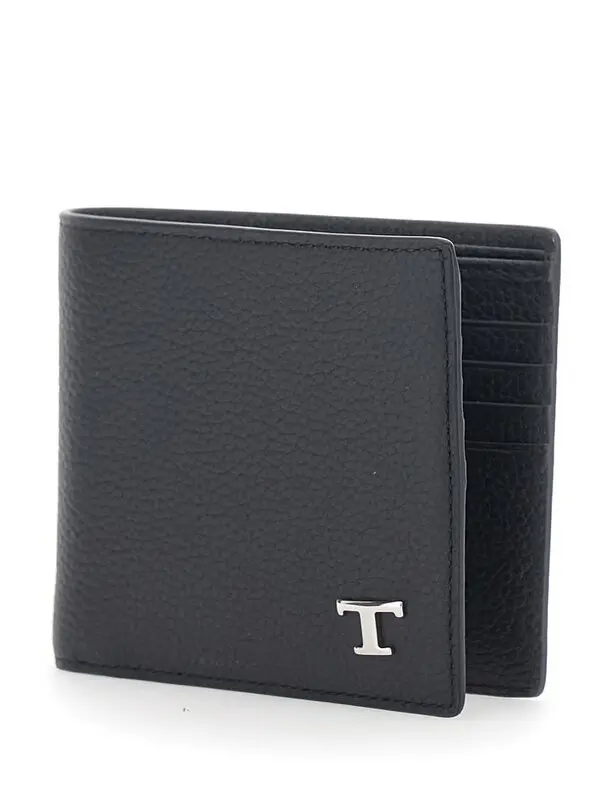 TOD'S Black Bifold Wallet With Metal T Logo Plate On The Front In Leather For - Multicolor
