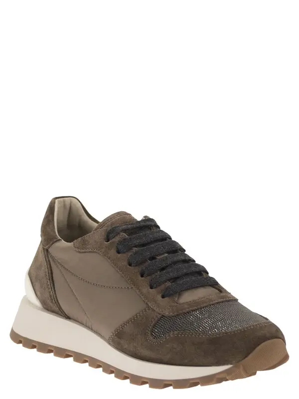 Brunello Cucinelli Suede And Techno Fabric Sneakers With Precious Toe