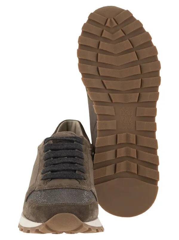 Brunello Cucinelli Suede And Techno Fabric Sneakers With Precious Toe