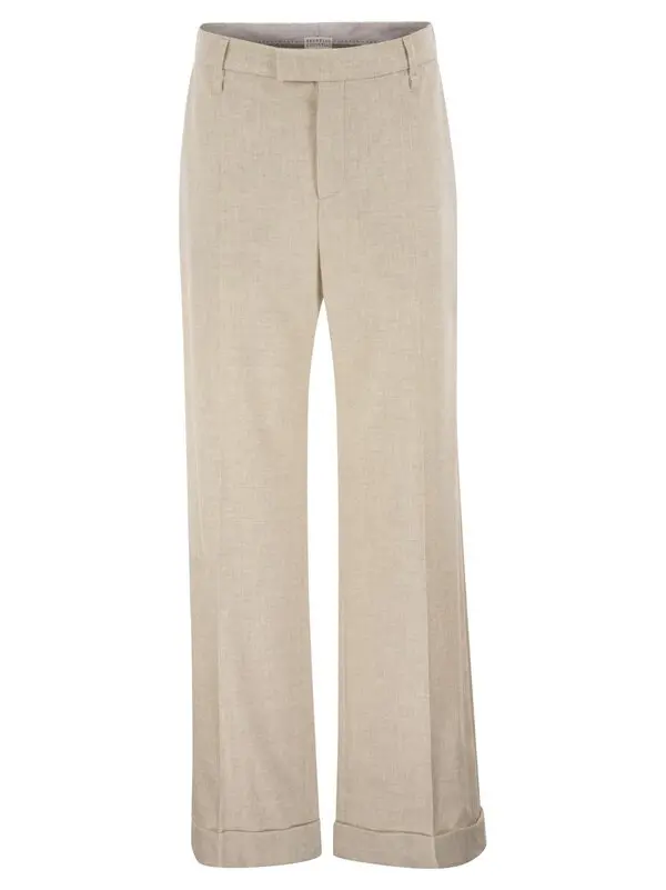 Brunello Cucinelli Virgin Wool And Cashmere Tailored Trousers With Turn-up Hem - Cream
