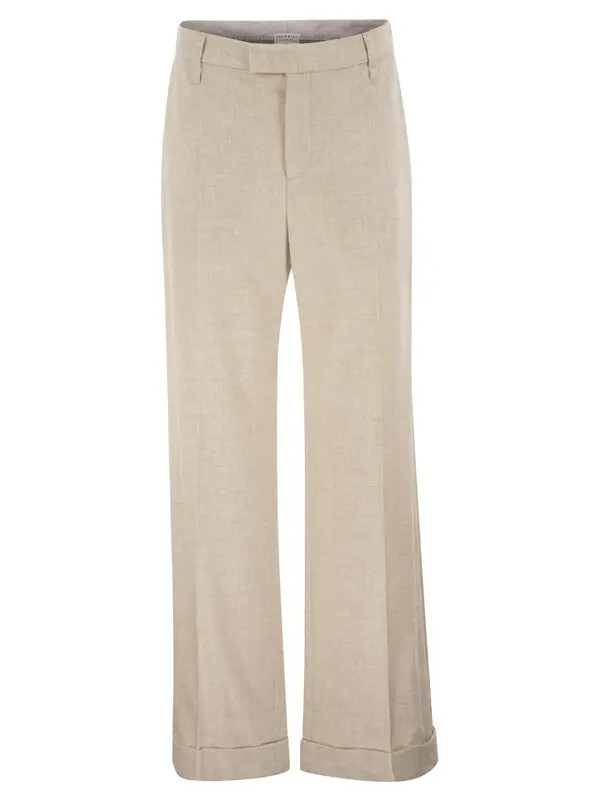 Brunello Cucinelli Virgin Wool And Cashmere Tailored Trousers With Turn-up Hem - Cream