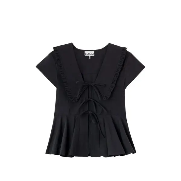 GANNI Ruffled Oversized Collar Front Tie Fastening Peplum Blouse - Black