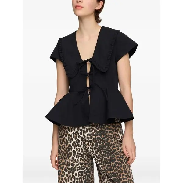 GANNI Ruffled Oversized Collar Front Tie Fastening Peplum Blouse - Black