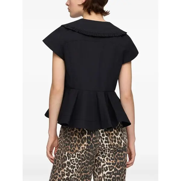 GANNI Ruffled Oversized Collar Front Tie Fastening Peplum Blouse - Black