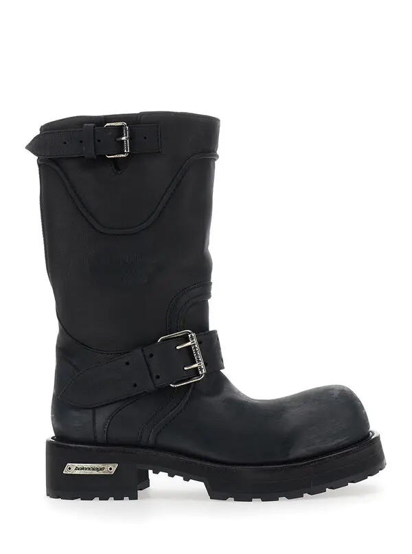 Balenciaga Venom' Black Boots With Adjustable Buckle Straps And Logo Plate On The Side In Leather For - Multicolor