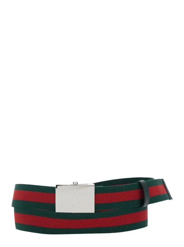 Gucci Green Belt With Web Motif And Logo Plaque On The Front In Web Canvas For - Multicolor