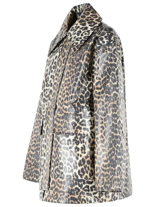 GANNI Leopard Print Cotton Blend Oversized Jacket - Brown