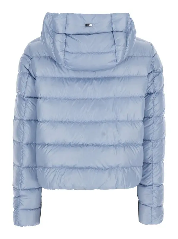 Herno Light Blue Short Down Jacket With Hood And Metal Plate On The Back In Tech Fabric - Multicolor
