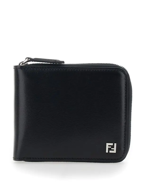 Fendi Black Card Holder With Zip Closure And Front Logo In Leather For