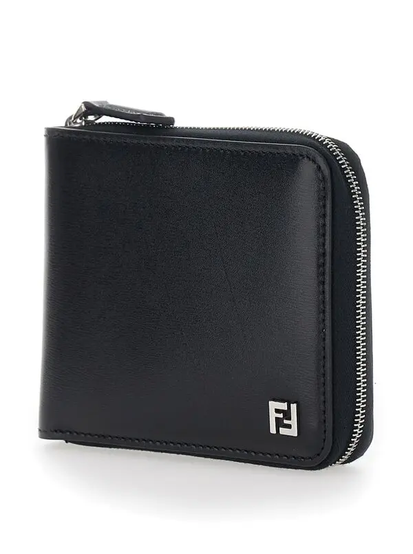 Fendi Black Card Holder With Zip Closure And Front Logo In Leather For