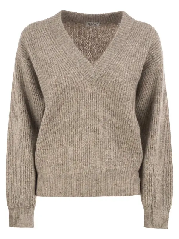 Brunello Cucinelli Ribbed Cashmere, Mohair And Wool Jumper With Luminous Yarn - Cream