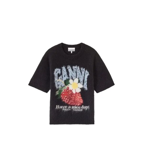 GANNI Short Sleeve Intarsia Knit Jumper - Black