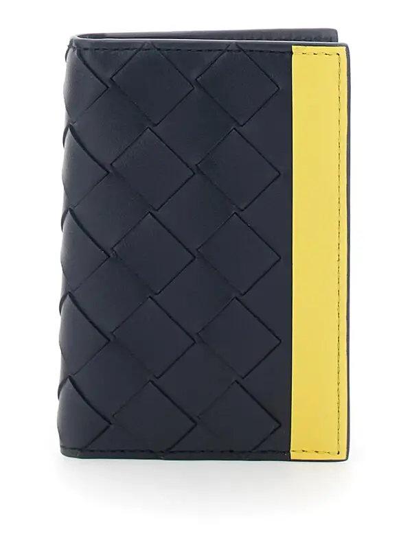 Bottega Veneta Blue Cardholder With Intreccio Design And Yellow Stripe In Leather For - Multicolor