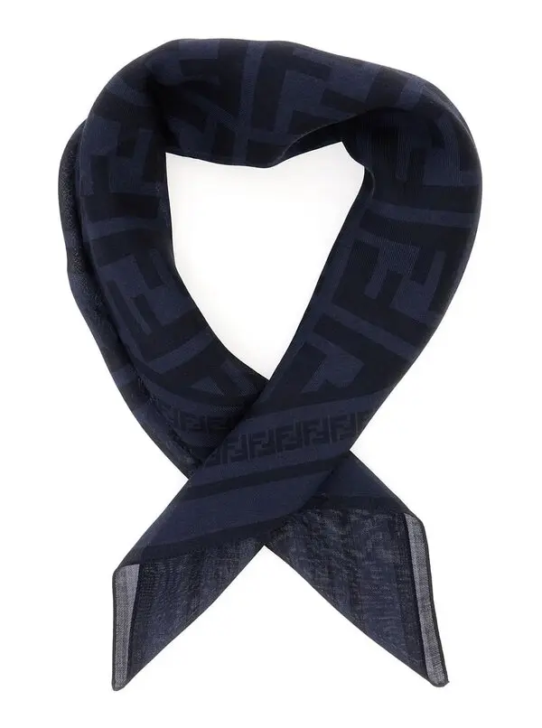 Fendi Blue Scarf With Ff Motif All-over In Wool And Silk Blend For - Multicolor