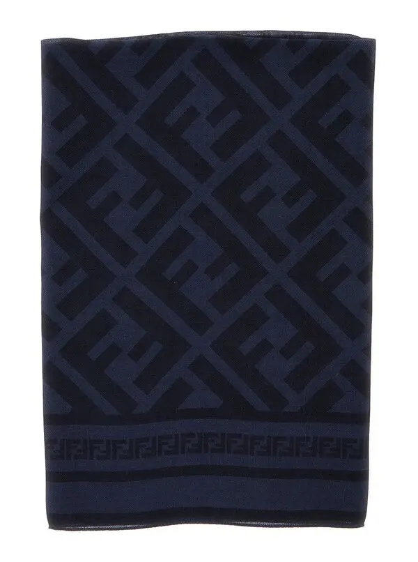 Fendi Blue Scarf With Ff Motif All-over In Wool And Silk Blend For - Multicolor