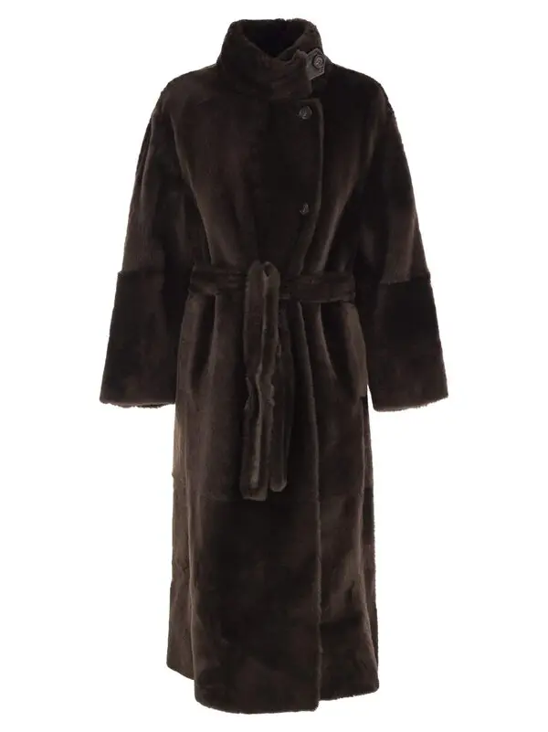 Brunello Cucinelli Long Shearling Coat With Belt - Brown