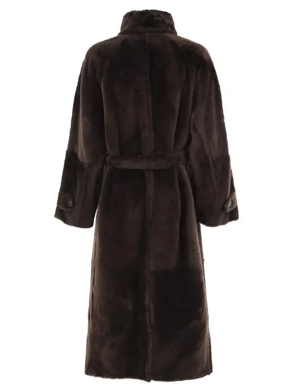 Brunello Cucinelli Long Shearling Coat With Belt - Brown