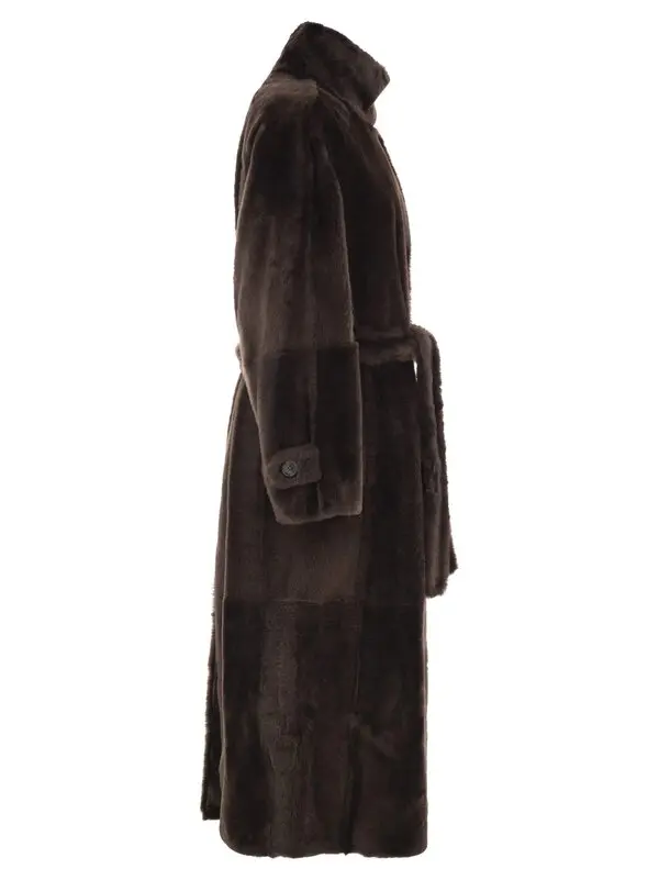 Brunello Cucinelli Long Shearling Coat With Belt - Brown