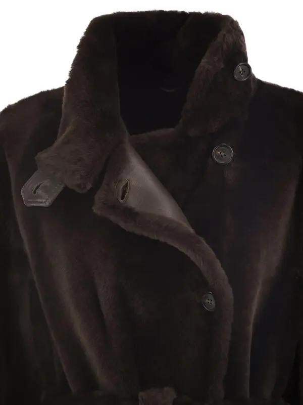 Brunello Cucinelli Long Shearling Coat With Belt - Brown