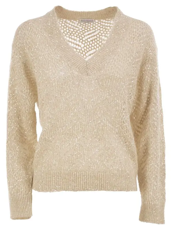 Brunello Cucinelli Openwork Mohair Sweater With Sequins - Cream