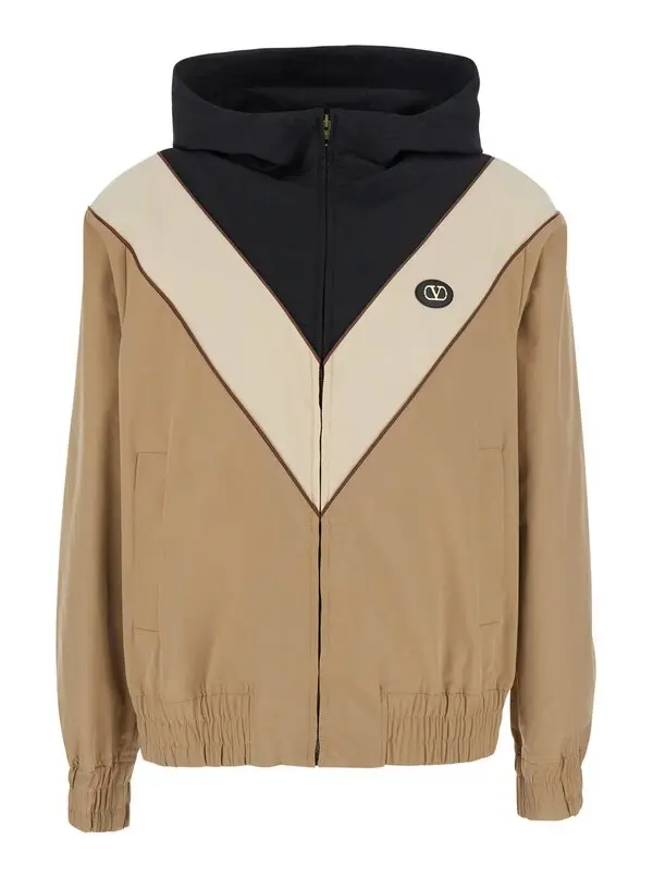 Valentino Garavani Beige Jacket With Vlogo Patch On The Front In Tech Fabric For