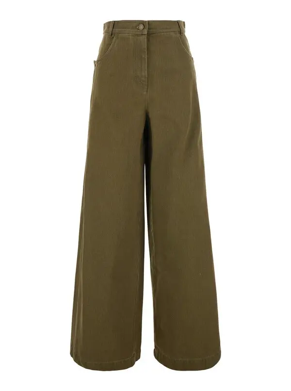 Max Mara Alaro' Green Jeans With Patch Pockets On The Back And Wide Leg In Denim For - Multicolor