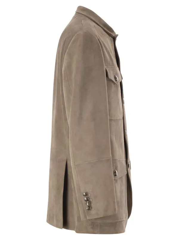Brunello Cucinelli Suede Leather Safari Jacket With Patch Pockets