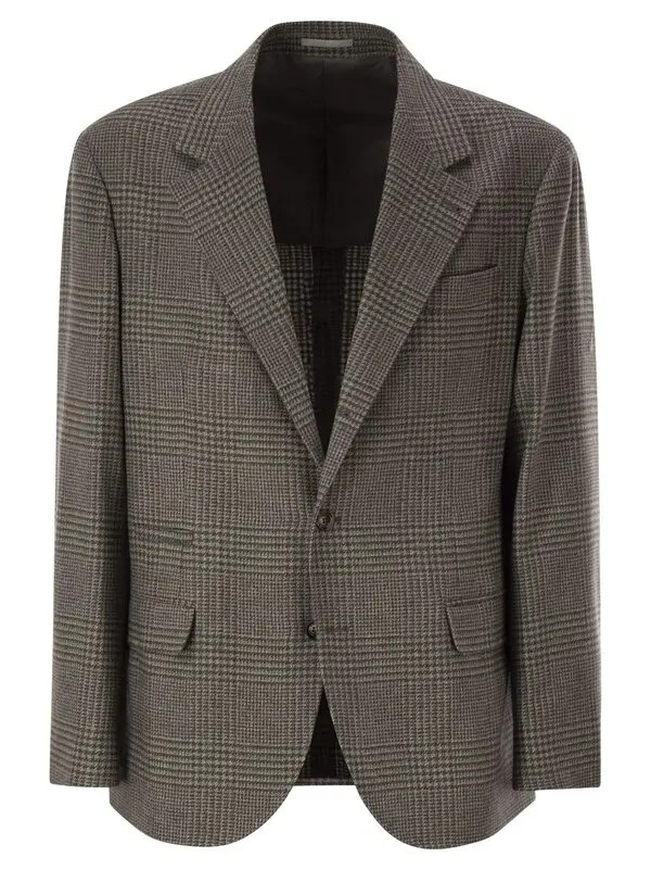 Brunello Cucinelli Prince Of Wales Wool And Cashmere Blazer With Tailored Construction - Gray