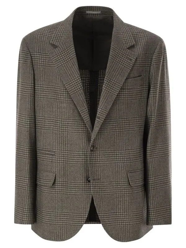 Brunello Cucinelli Prince Of Wales Wool And Cashmere Blazer With Tailored Construction - Gray