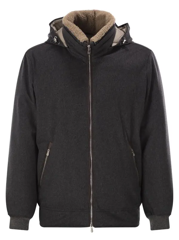 Brunello Cucinelli Membranated Wool Flannel Down Jacket With Shearling-lined Collar - Multicolor