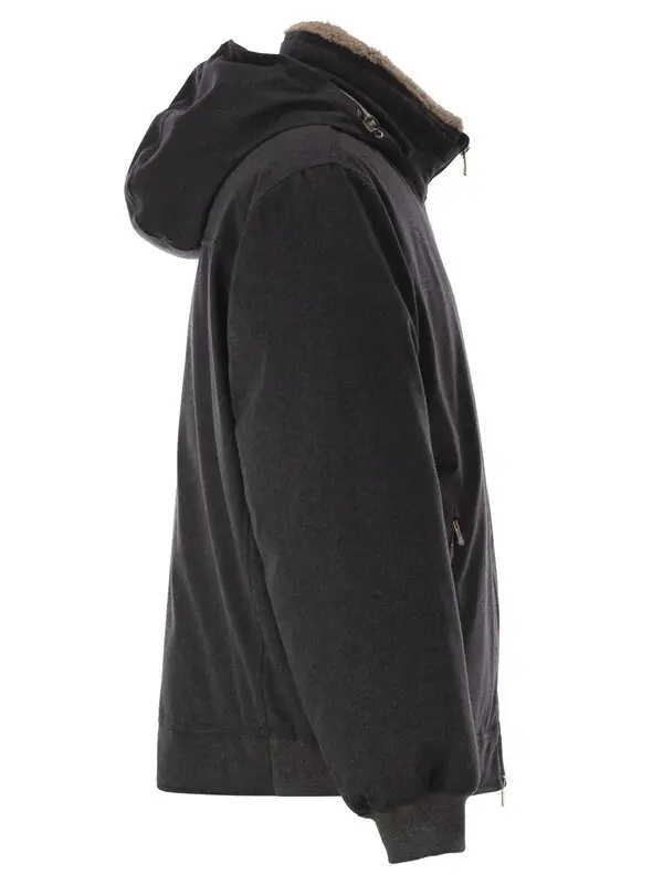 Brunello Cucinelli Membranated Wool Flannel Down Jacket With Shearling-lined Collar