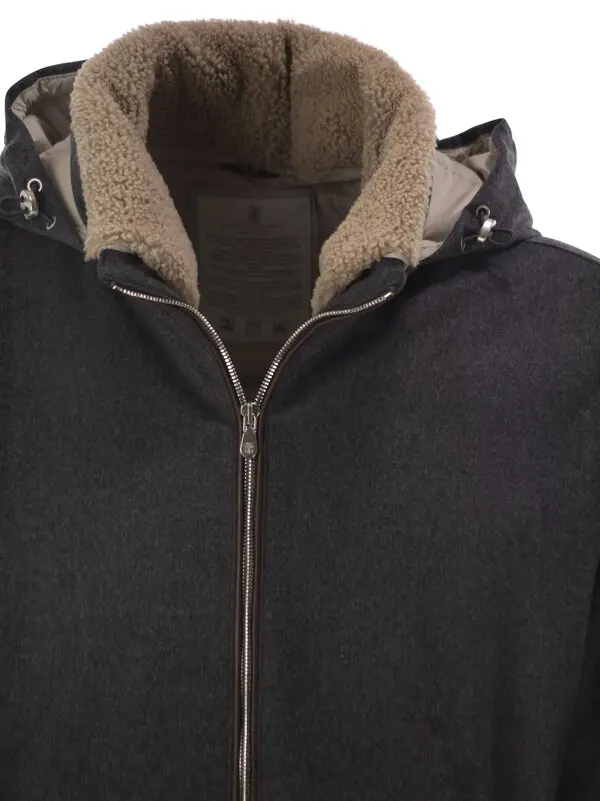 Brunello Cucinelli Membranated Wool Flannel Down Jacket With Shearling-lined Collar