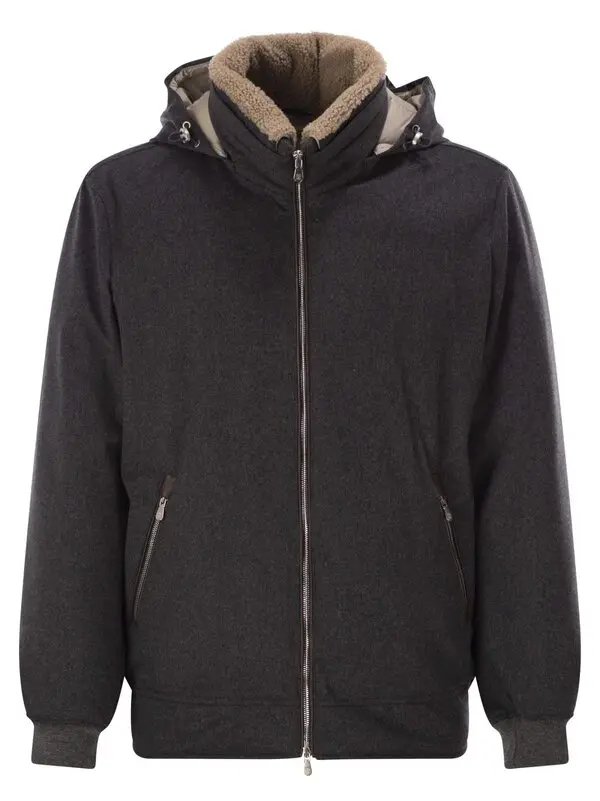 Brunello Cucinelli Membranated Wool Flannel Down Jacket With Shearling-lined Collar - Multicolor