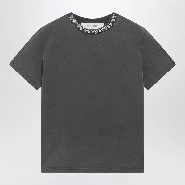 GOLDEN GOOSE Anthracite Cotton T-shirt With Cabochon Crystals - Gray