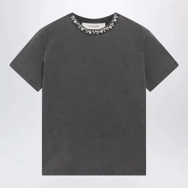GOLDEN GOOSE Cotton T-shirt With Cabochon Crystals - Gray
