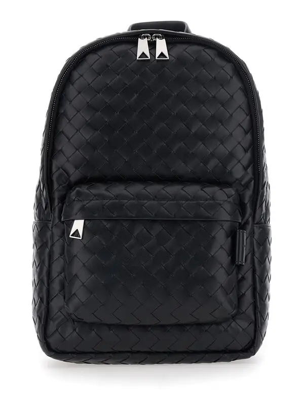 Bottega Veneta Black Small Backpack With Zip Pocket On The Front And Intreccio Motif In Leather For - Multicolor