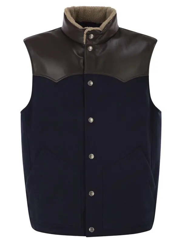 Brunello Cucinelli Wool Padded Gilet With Leather Trims And Shearling Collar - Multicolor