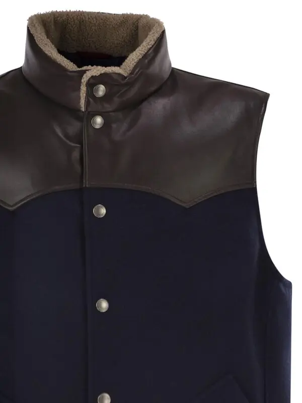 Brunello Cucinelli Wool Padded Gilet With Leather Trims And Shearling Collar - Multicolor