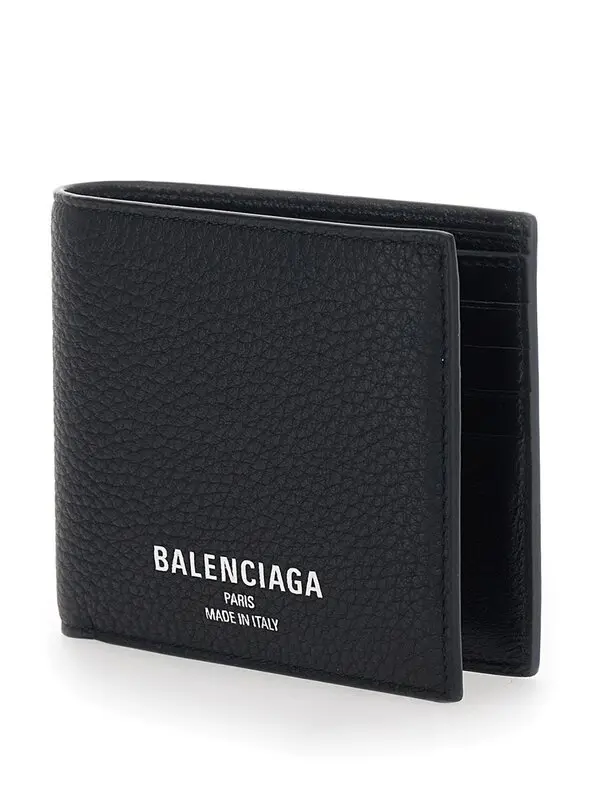 Balenciaga Black Leather Logo Lettering Bifold Wallet For