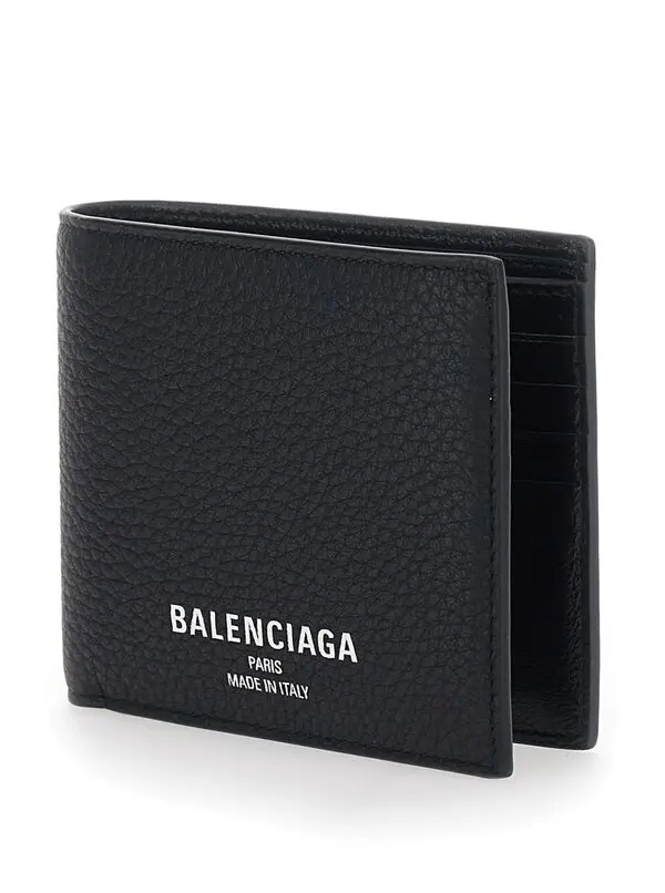 Balenciaga Black Leather Logo Lettering Bifold Wallet For - Multicolor