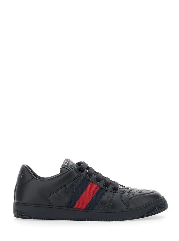 Gucci Sneaker 'screener' Low Top With Web Detail On The Side And Gg Motif In Relief In Leather - Black