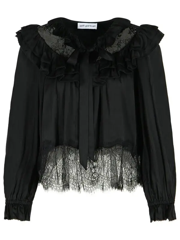 SELF-PORTRAIT Viscose Lace-trimmed Ruffle Blouse - Black