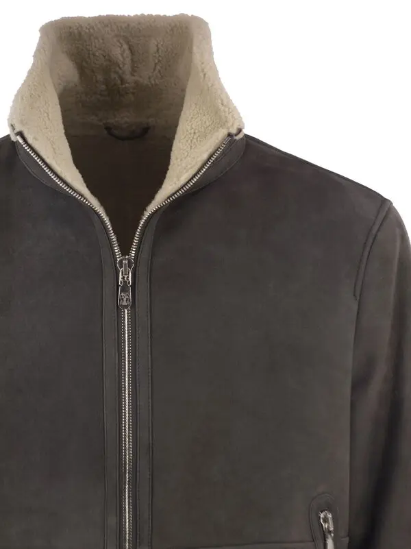 Brunello Cucinelli Shearling Aviator Jacket With Cashmere Knit Details