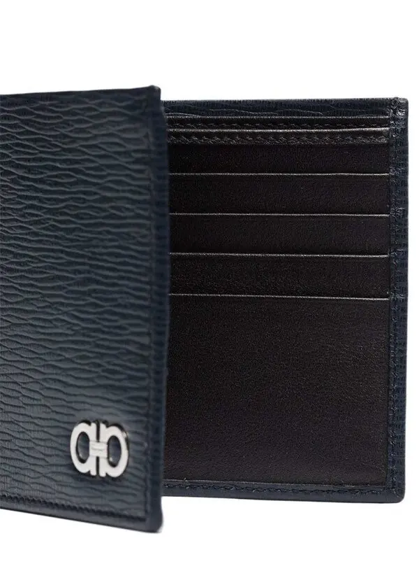 FERRAGAMO Wallet With Metallic Front Logo In Blue Leather For