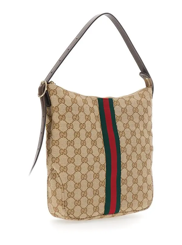 Gucci Lunetta' Beige Medium Handbag With Web Stripe In Gg Canvas For