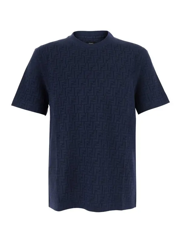 Fendi Blue Crew Neck T-shirt With Ff All-over Motif In Cotton For - Multicolor