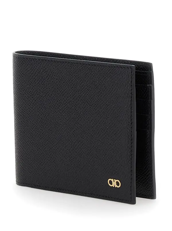 FERRAGAMO Bi-fold Wallet 'micro Gancini' With Grained Leather Logo - Black