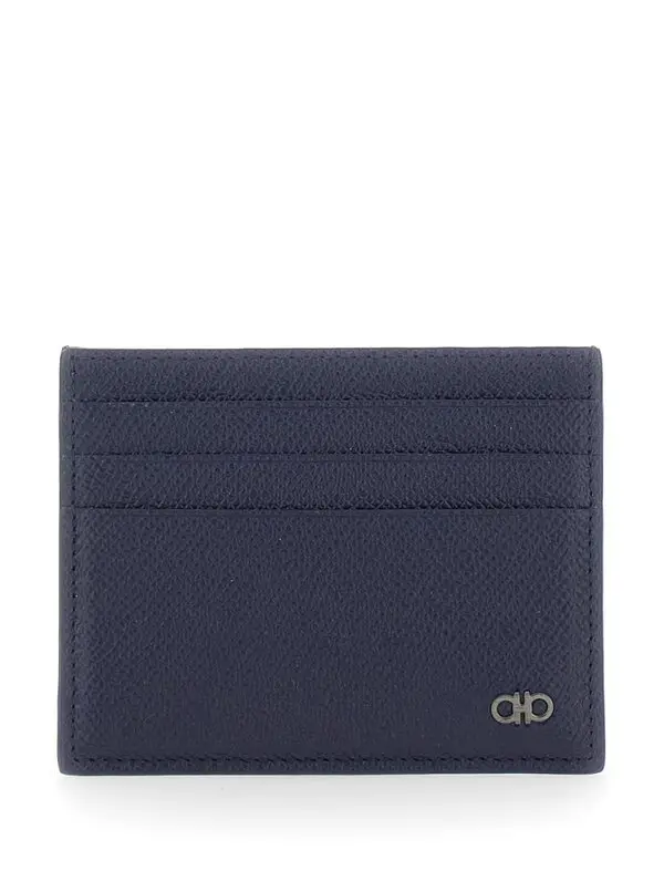 FERRAGAMO Blue Card Holder With Micro Gancini On The Front And Logo Lettering On The Back In Grained Leather For - Multicolor