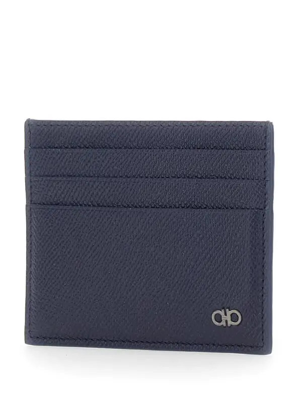 FERRAGAMO Blue Card Holder With Micro Gancini On The Front And Logo Lettering On The Back In Grained Leather For - Multicolor